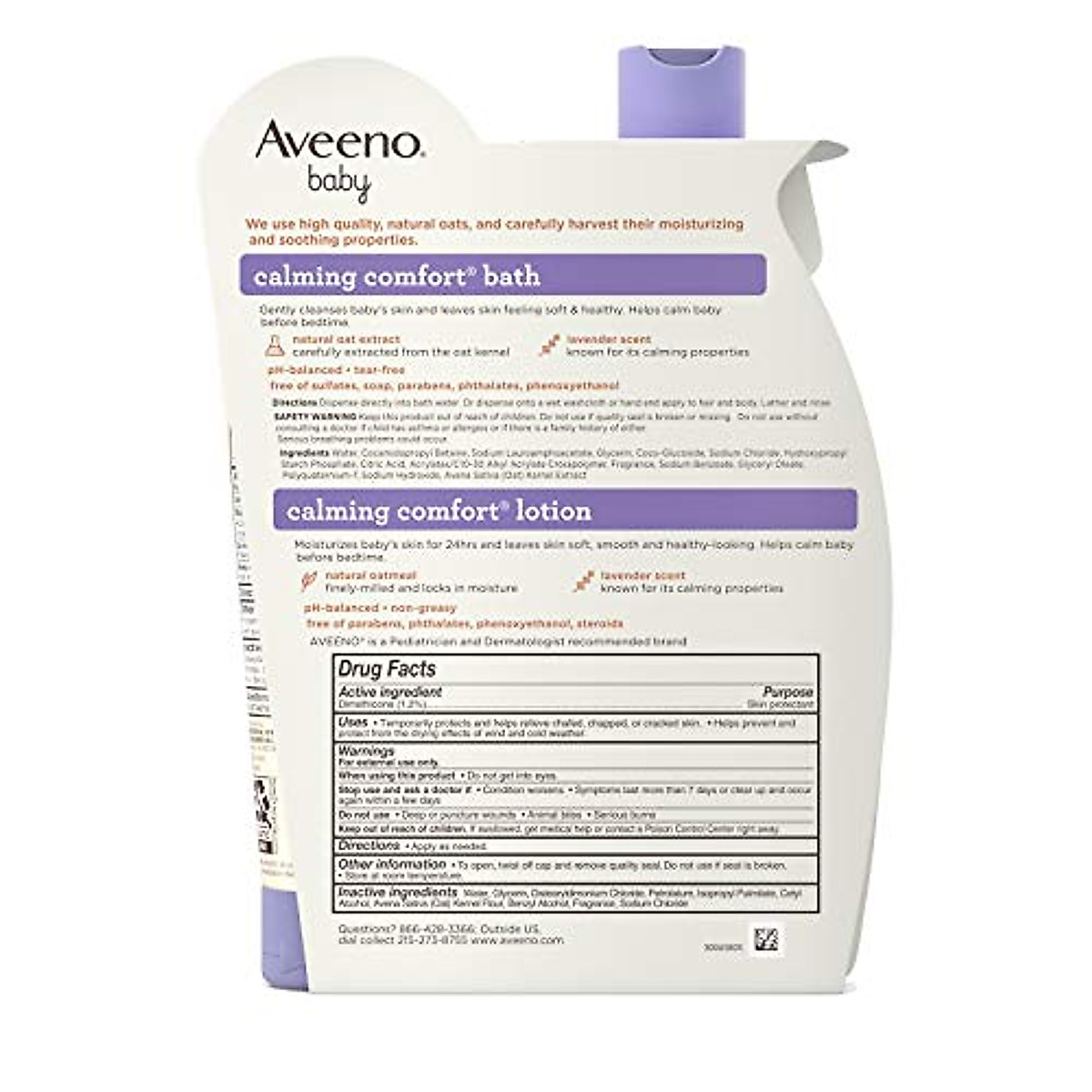 Aveeno Baby Calming Comfort Bath & Lotion Set, Night time Baby Skin Care Products with Natural Oat Extract, Lavender & Vanilla Scents, Paraben-Free, 2 Items