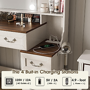 Fameill Vanity Desk with Mirror, Farmhouse Makeup Vanity Desk with Lights, White Makeup Vanity Table with 7 Drawers & 2 Cabinets, 4 Charging Stations, 10 Detachable Light Bulbs