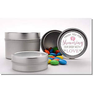 Baby Shower Stickers | Pink | Thank You for Showering Our Baby with Love | 48 Stickers - 1.67 Inches Round | Baby Shower Stickers for Girls | Pitter Patter - Tiny Baby Feet Baby Shower Labels