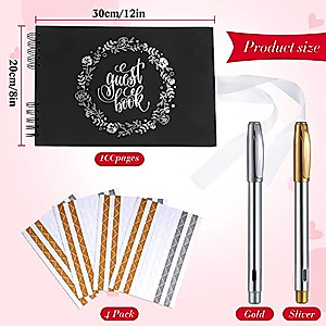 Wedding Guest Book 12 x 8 Inch Hard Cover Photo Album Sign in Registry Guestbook Scrapbook with Silver Foil Gilded Edges Ribbons 100 Pages Black Hardbound Book with 2 Pens 4 Photo Corners for Wedding
