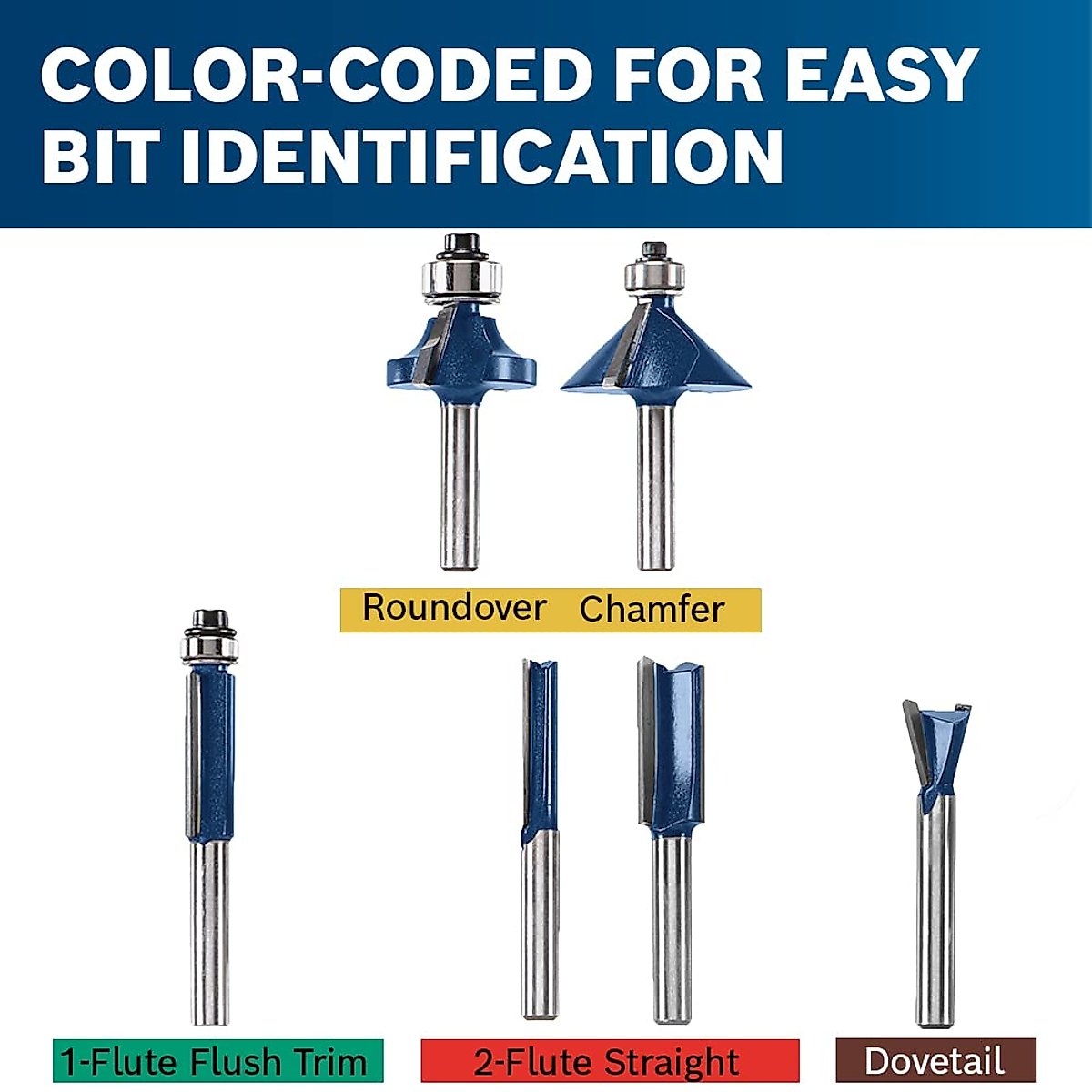 BOSCH RBS006 6-Piece 1/4 In. Shank Carbide-Tipped Multi-Purpose Router Bits Assorted Set with Included Storage Case for Applications in Straight, Trimming, Decorative Edging, Dovetail Joinery