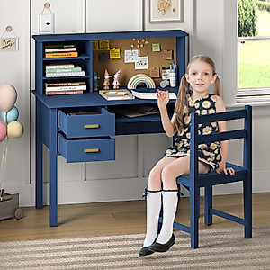 wanan Kids Desk and Chair Set, Wooden Children Study Table with Hutch/Drawer & Bulletin Board, Student Study Desks Computer Desk Art Desk for Bedroom Study Room (Blue)