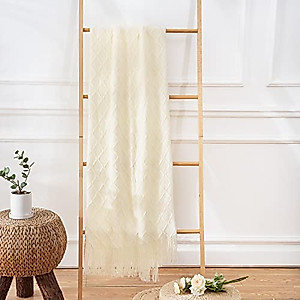 Yastouay Knitted Throw Blankets Soft Cozy Knit Blanket with Tassel Lightweight Breathable Fleece Blanket Decorative Blanket for Couch, Bed, Sofa, Travel and Farmhouse, 50"x60", Off White