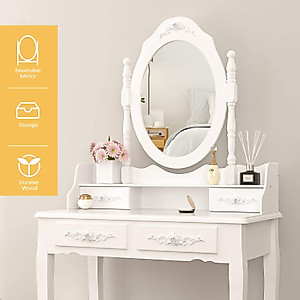 Alohappy Makeup Vanity Set with Mirror & Stool for Girls, Vanity Table and Cushioned Stool Set with 4 Drawers, Wood Dressing Table for Bedroom