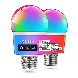 OREiN Matter Smart Light Bulbs Reliable WiFi Bulb with A19 E26 LED Color Changing 60W Equi 800LM CRI>90 Work Alexa/Google Home/Apple Home/SmartThings/Siri 2Pack