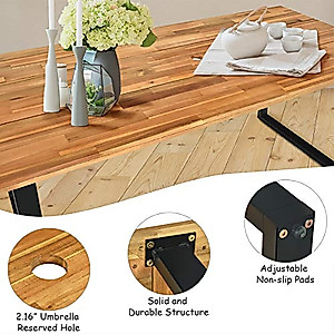 Tangkula 7 Pieces Outdoor Dining Set, Patented Patio Furniture Set w/Large Rectangle Acacia Wood Table Top, Rattan Chairs with Steel Frame, Umbrella Hole, for Backyard Garden