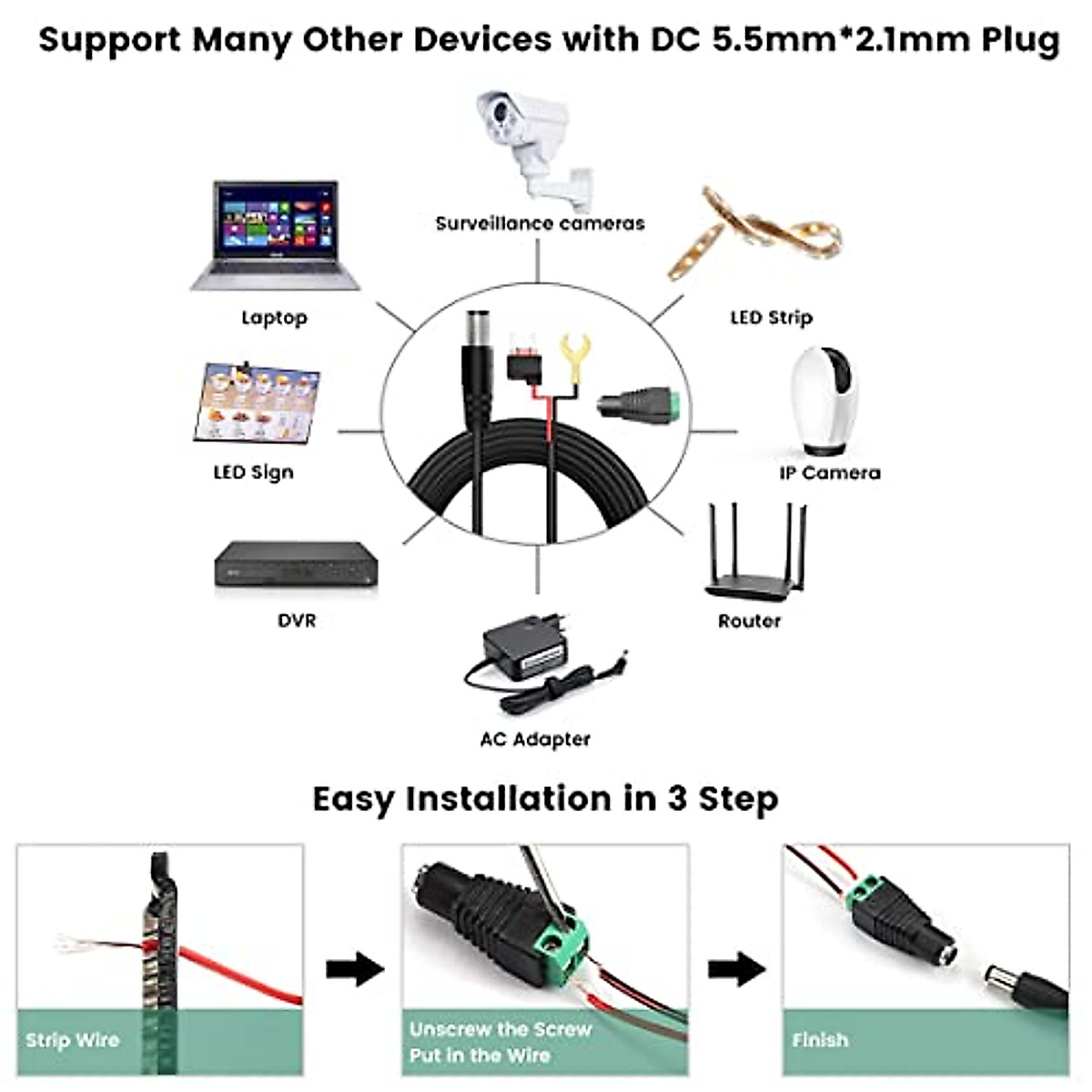 GreenYi Upgraded Double-Shielded RCA Video Cable for Monitor and Backup Rear View Camera Connection (19.69FT / 6M) + 20FT DC Power Extension Cable