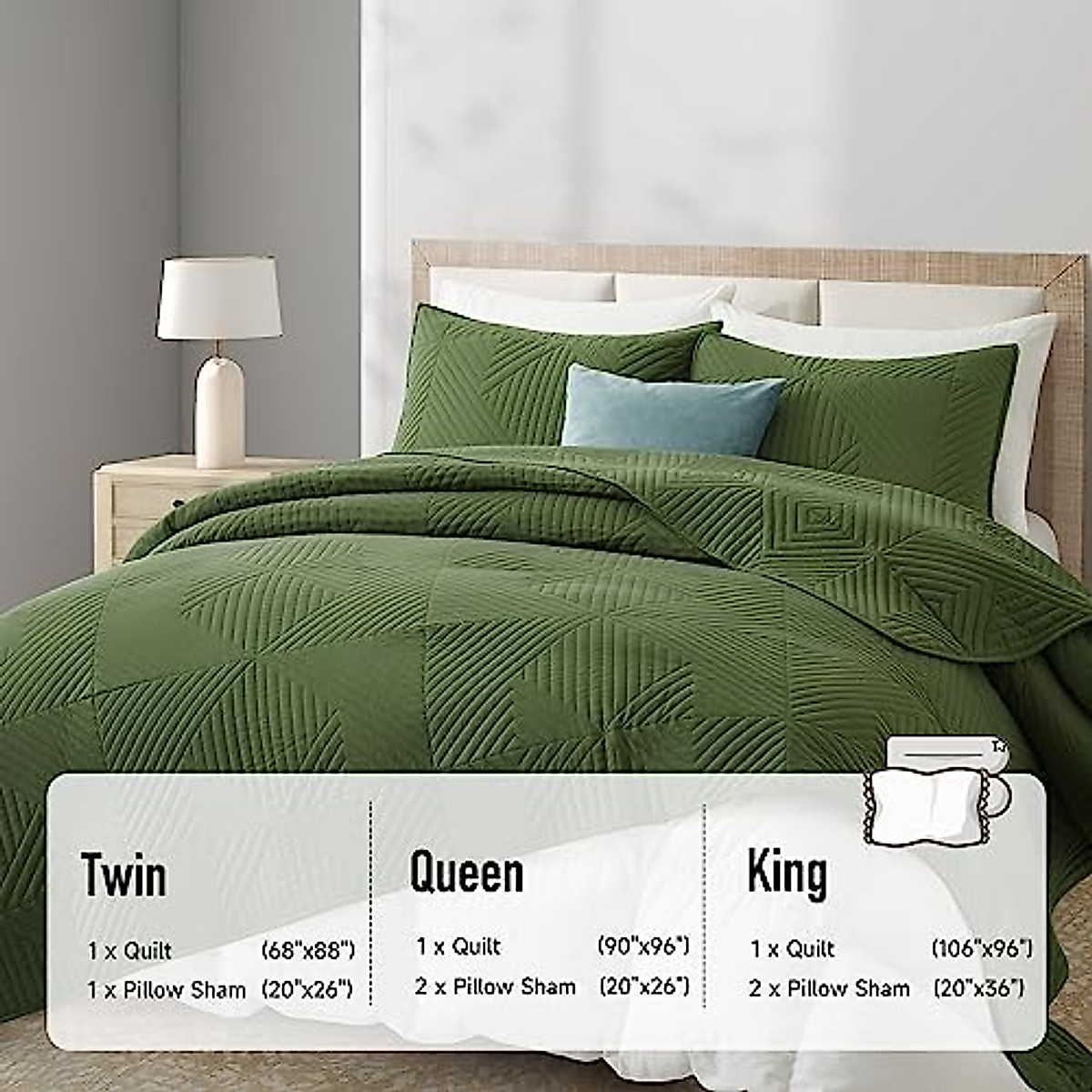 Lavsiry Olive Quilt Bedding Set King Size, Summer Lightweight Green Large Diamond Pattern Bed Spread, Soft Microfiber Bedspread & Coverlet for All Seasons - 3 Piece(1 Quilt, 2 Pillow Shams)