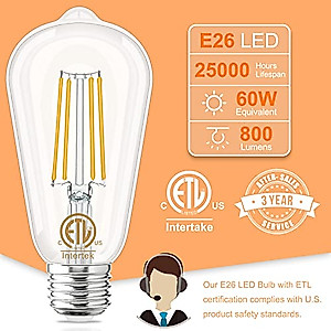 GOLSPARK Edison Bulbs 60 Watt Equivalent, E26 LED Bulb Soft White 3000K, 800LM, 6W 120V CRI85, E26 Base, ST58 Clear Vintage Light Bulbs for Living Room Dining Bathroom Vanity, Non-dimmable, 6 Pack