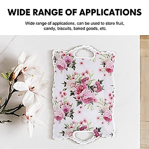 Cabilock Square Food Tray with Handle Floral Pattern Fruit Plate Snack Dessert Tray Pastry Plate Spill Proof Plastic Serving Tray Food Veggie Fruit Coffee Organizer Tray for Kitchen Bathroom Home