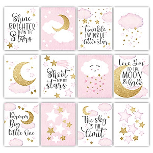 Hadley Designs 6 Reversible 8x10 Moon and Stars Nursery Decor Prints, Shower Decorations, Moon and Stars Wall Decor For Baby Girl Nursery Wall Art, Baby Girl Nursery Wall Decor For Girls Bedroom