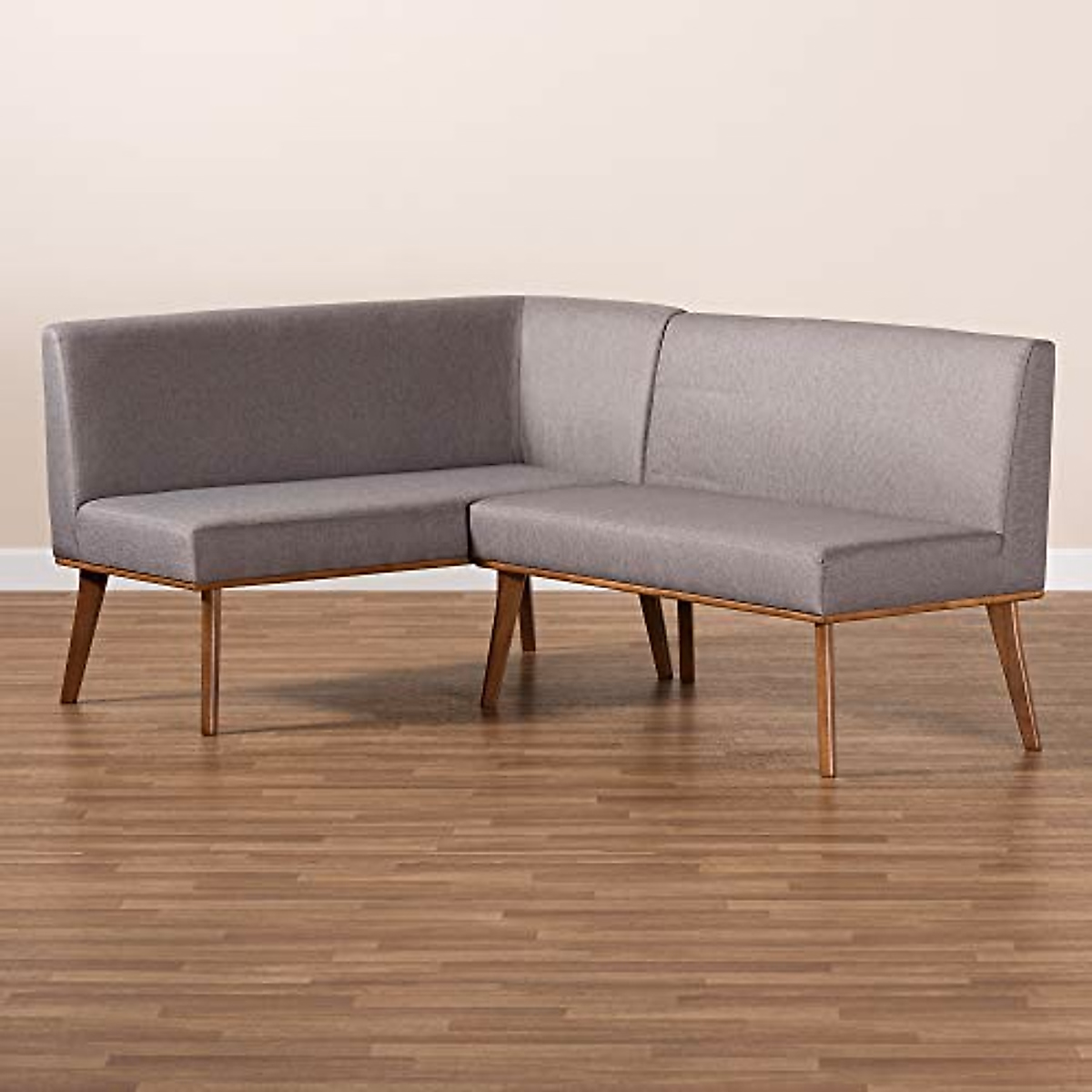 Baxton Studio Odessa Corner Sofa Bench Grey Fabric Upholstered and Walnut Brown Finished Wood 2-Piece Dining Corner Sofa Bench