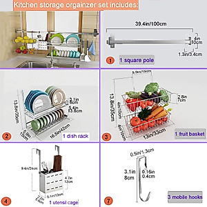Hanging Dish Drying Rack Orgainzer Set Wall Mount Over the Sink with Utensil Holder, Colture Kitchen Dishes Plate shelf Organizers with Removable 2 Tier Fruit Basket, 304 Stainless Rust Proof
