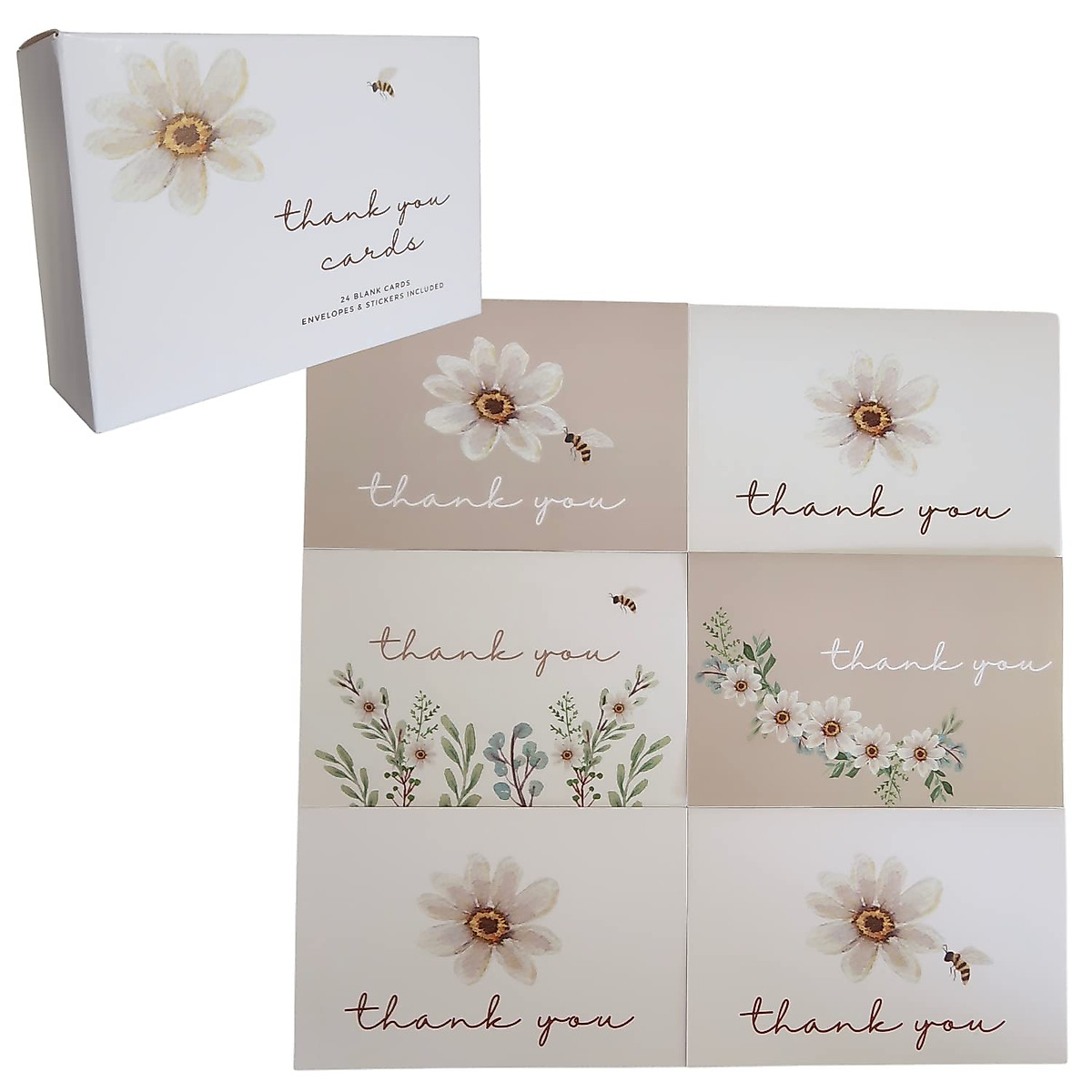 Floral Thank You Cards w/ Envelopes & Stickers (Set of 24) - Cardstock, 4 x 6” Boho Thank You Cards - Thank You Cards with Envelopes for Wedding, Birthday, & Bridal Shower - Blank Thank You Cards