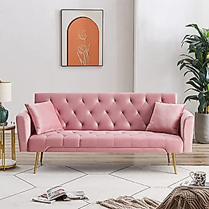 ERYE Futon Sofa Loveseat Convertible Sleeper Couch Bed for Small Space Apartment Office Living Room Furniture Sets Sofabed, Light Pink Velvet 71" W with Pillows