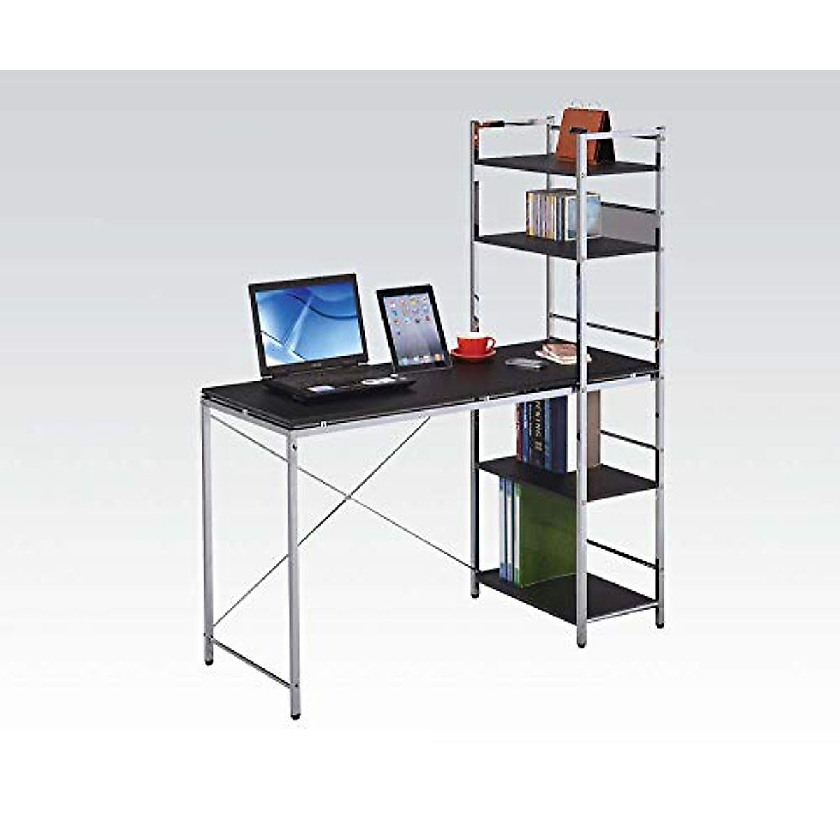 Home Office Computer Desk with 5 Tier Shelves, Writing Desk with Storage Bookshelf Study Table Workstation Corner Desk PC Laptop Desk (Black 2)