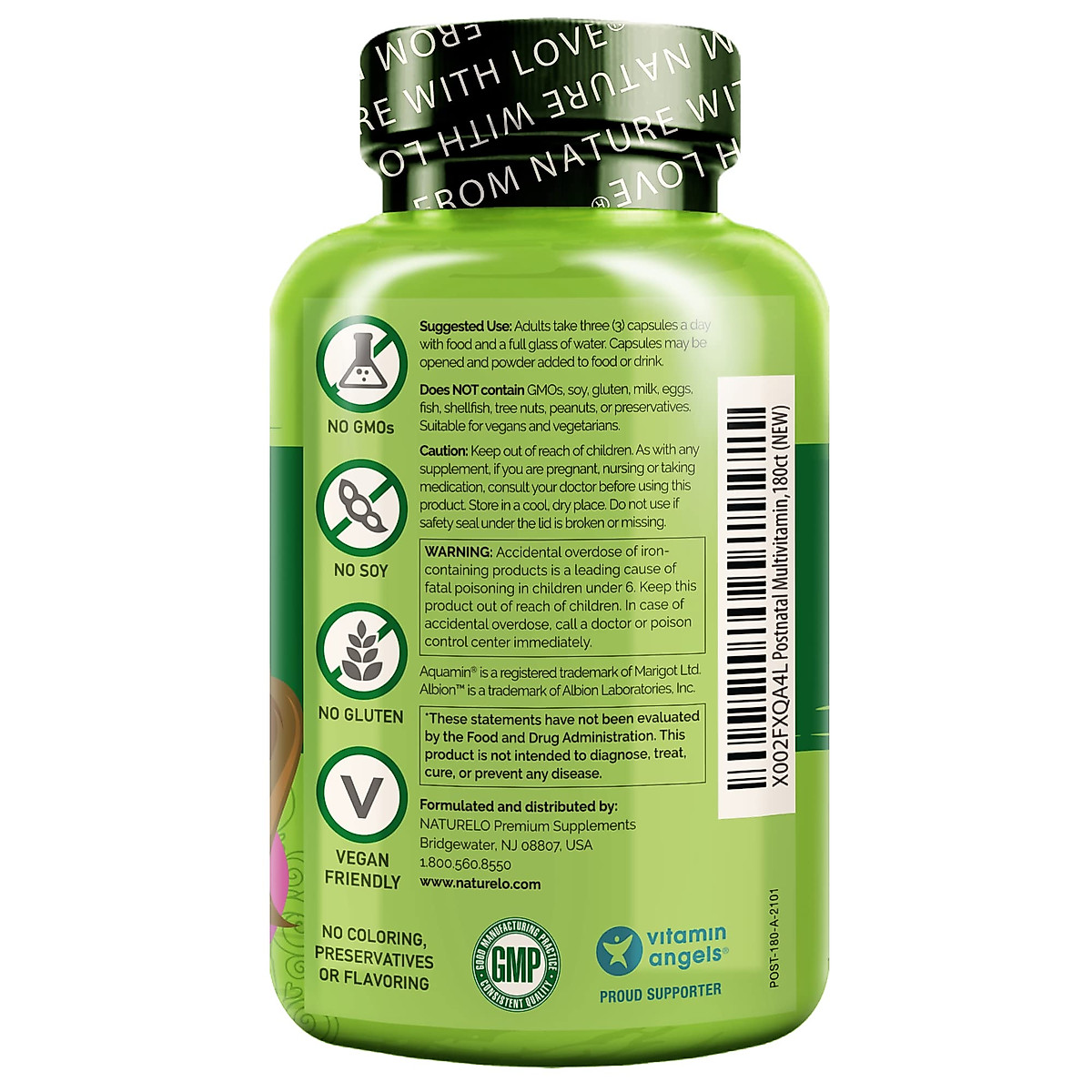 NATURELO Postnatal Multivitamin - Supplement for Breastfeeding Women - Plant-Based Vitamin D, Folate, Gentle Iron - for Nursing Mother, Baby - Post Natal Lactation Support (180 Count (Pack of 1))