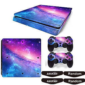 Ps4 Slim Stickers Full Body Vinyl Skin Decal Cover for PlayStation 4 Console Controllers (with 4pcs Led Lightbar Stickers) (Blue fire) (Pink Sky)