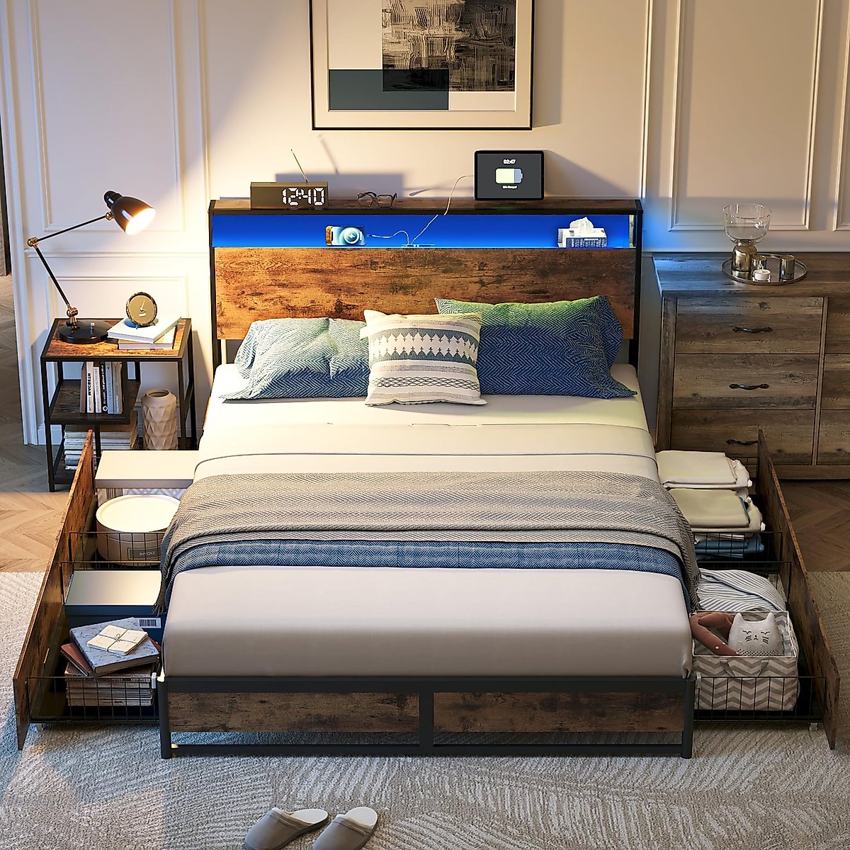 LINSY Queen Bed Frame with RGB Lights, 4 Drawers, Headboard and Fast Charger - Rustic Brown, Easy Assembly with Storage, No Box Spring Needed