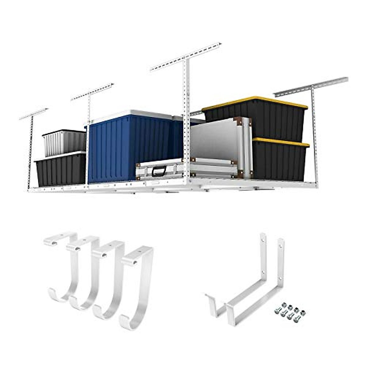FLEXIMOUNTS 4x8 Overhead Garage Storage Rack w/Hooks Adjustable Ceiling Storage Racks, 96" Length x 48" Width x 40" Height, 22''-40" Ceiling Dropdown, White