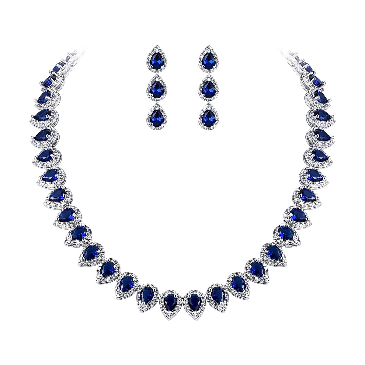 EleQueen Women's Silver-Tone Full Prong Cubic Zirconia Teardrop Bridal Necklace Earrings Set Sapphire Color
