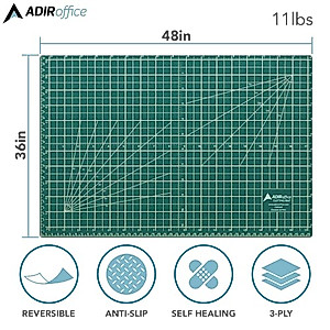 Adir Corp. 36x48 Inches Green/Black Professional Self Healing Cutting Mats - 3 Ply Double Sided Reversible Durable Non-Slip PVC Cutting Mats - Perfect for Crafts & Sewing
