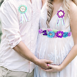 Hombae Mermaid Maternity Sash Belt for Baby Shower, Little Mermaid Under The Sea Supplies Mommy To Be & Daddy To Be Badge Corsage Pin Gender Reveal Pregnancy Belly Belt