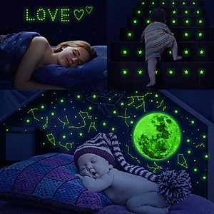 Glow in The Dark Stars for Ceiling, 100 Adhesive Bright, Realistic Glowing Ceiling Stars and a Full Moon for Starry Sky, 12 Constellations, and 407 Dots, Wall Stickers Perfect for Kids Room Decor