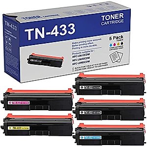 GULOYA Compatible 5-Pack (2Black+1Cyan+1Magenta+1Yellow) TN433 TN-433 Toner Cartridge Replacement for Brother HL- L8360CDW L8360CDWT DCP-L8410CDW MFC- L8900CDW L9570CDWT Printer.