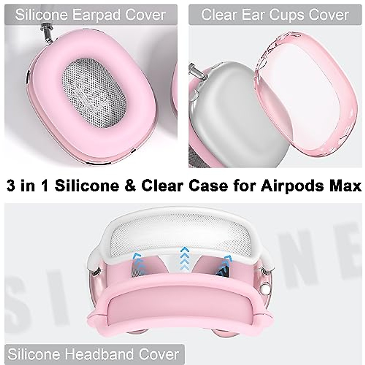 Silicone Case Cover for AirPods Max, Clear Soft TPU Earcup Cover/Silicone Ear Pad Case Cover/Headband Cover for AirPods Max, Transparent Accessories Silicone Protector for Apple AirPods Max, Pink