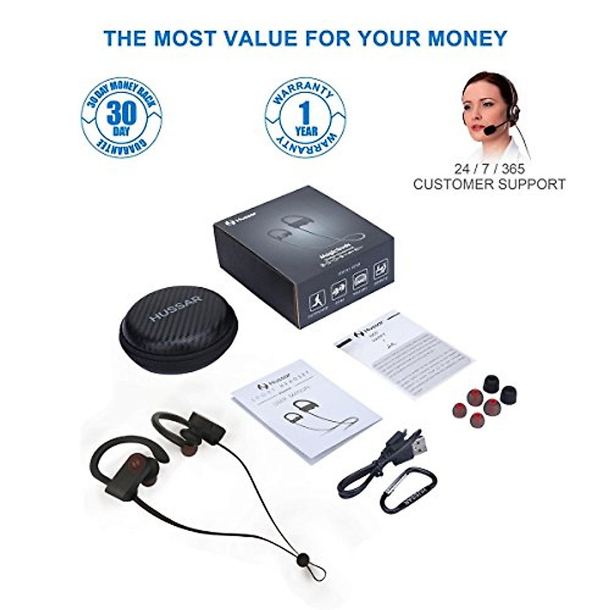 Bluetooth Headphones, Hussar Magicbuds Best Wireless Sports Earphones with Mic, IPX7 Waterproof, HD Sound with Bass, Noise Cancelling, Secure Fit, up to 9 Hours Working time (Upgraded)