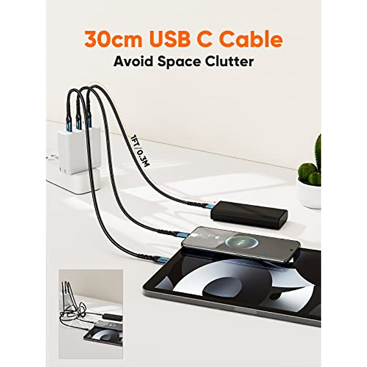 CableCreation Short USB C to USB C Cable 60W, USB C Cable 1FT 2-Pack Fast Charging Cord, Double-Braided Type C to Type C Compatible with iPad Mini 6 iPad Pro Galaxy S23 Ultra S23 S22 and More, Blue