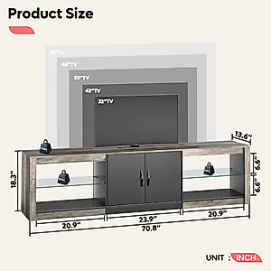 Bestier 70 Inch Led TV Stand for 75 Inch TV Large Entertainment Center Gaming with Adjustable Glass Shelves Two Cabinets Modern TV Console for Living Room 22 RGB Modes, Wash Gray