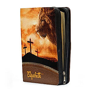 Jesuspirit - Lion & Cross - Zippered Bible Cover With Name - All These Things Will Be Added Unto You - Xlarge Size Leather Case With Handle - Matthew 6:33 - Worship Gift For Religious Leaders, Members