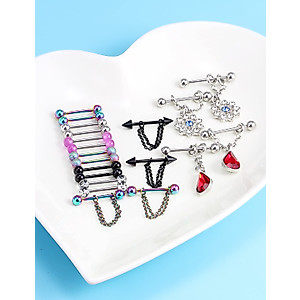 Ylqjksk Nipple Rings 14G Surgical Steel Nipple Piercing Jewelry for Women Plastic Glow Dark Nipple Rings Acrylic CZ Diamonds Heart Chain Dangle Nipple Shield 14MM 9/16 Inch，Rainbow Purple Barbell