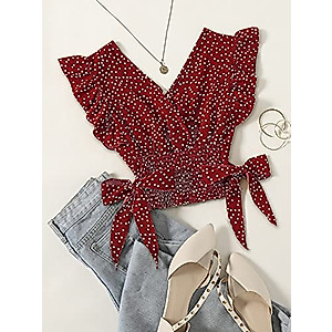 LYANER Women's V Neck Polka Dots Ruffle Cap Sleeve Shirred Hem Blouse Crop Tank Top Red Small