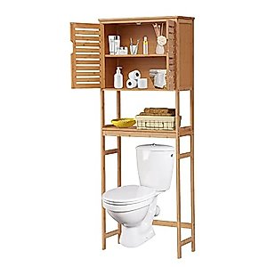 KINTNESS Over The Toilet Storage Cabinet - Bamboo Bathroom Storage Shelf with Doors and Shelves, Bathroom Organizer Rack Freestanding Space Saver for Bathroom, Laundry, Hotel, Restroom, Natural