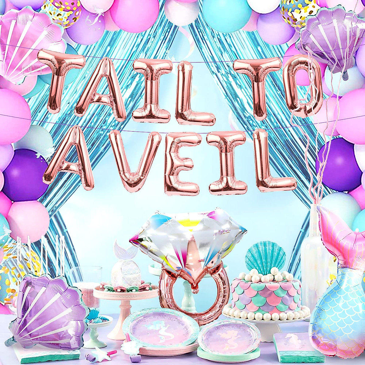 LaVenty 126 PCS Tail To Veil Bachelorette Decoration Mermaid Bachelorette Decoration Tail To Veil Balloons Bride To Be Sash for Mermaid Engagement Bridal Shower Party Blue Tinsel Curtain