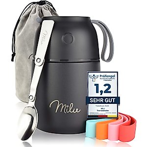 Milu Soup Thermos for hot food | 15oz Insulated Food Container for Kids Adults | Stainless Steel Food Jar with Spoon | 12 Hours Hot : 24 Hours Cold - Black 15 oz