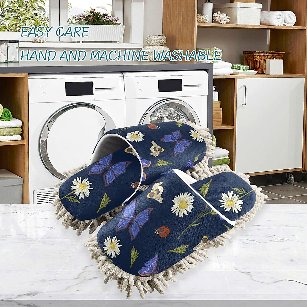 Daisies Bee Butterflies Mop Slippers Shoes Cover for Floor Cleaning Washable Hair Dirty Dust Cleaners Microfiber Mop Socks for House Kitchen Office