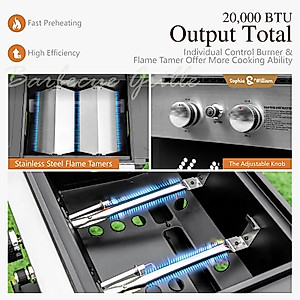 Sophia & William 2-Burner Gas BBQ Grill With Flat Top, Small Outdoor Propane Barbecue Grill with Side Shelves,Lid and Hose & Regulator for Camping, 20,000 BTU,Black