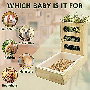 Hamiledyi Rabbit Hay Feeder with Litter Box Wooden Food Feeding Manger Bunny Hay Dispenser Small Animals Grass Holder for Hamsters Guinea Pig Bunny Chinchilla