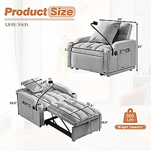 Sleeper Sofa Chair Bed with Charging Ports & Phone Holder & Cup Holder, Modern Velvet 3 in 1 Convertible Pull Out Sofa Bed, Single Chair Bed for Small Spaces Apartment, Grey