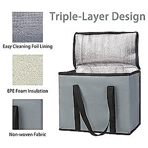 Bodaon 2-Pack Insulated Reusable Grocery Bag with Zippered Top, X-Large Frozen Foods Cold, Cooler Shopping Accessories, Insullated Bags, Dark Grey