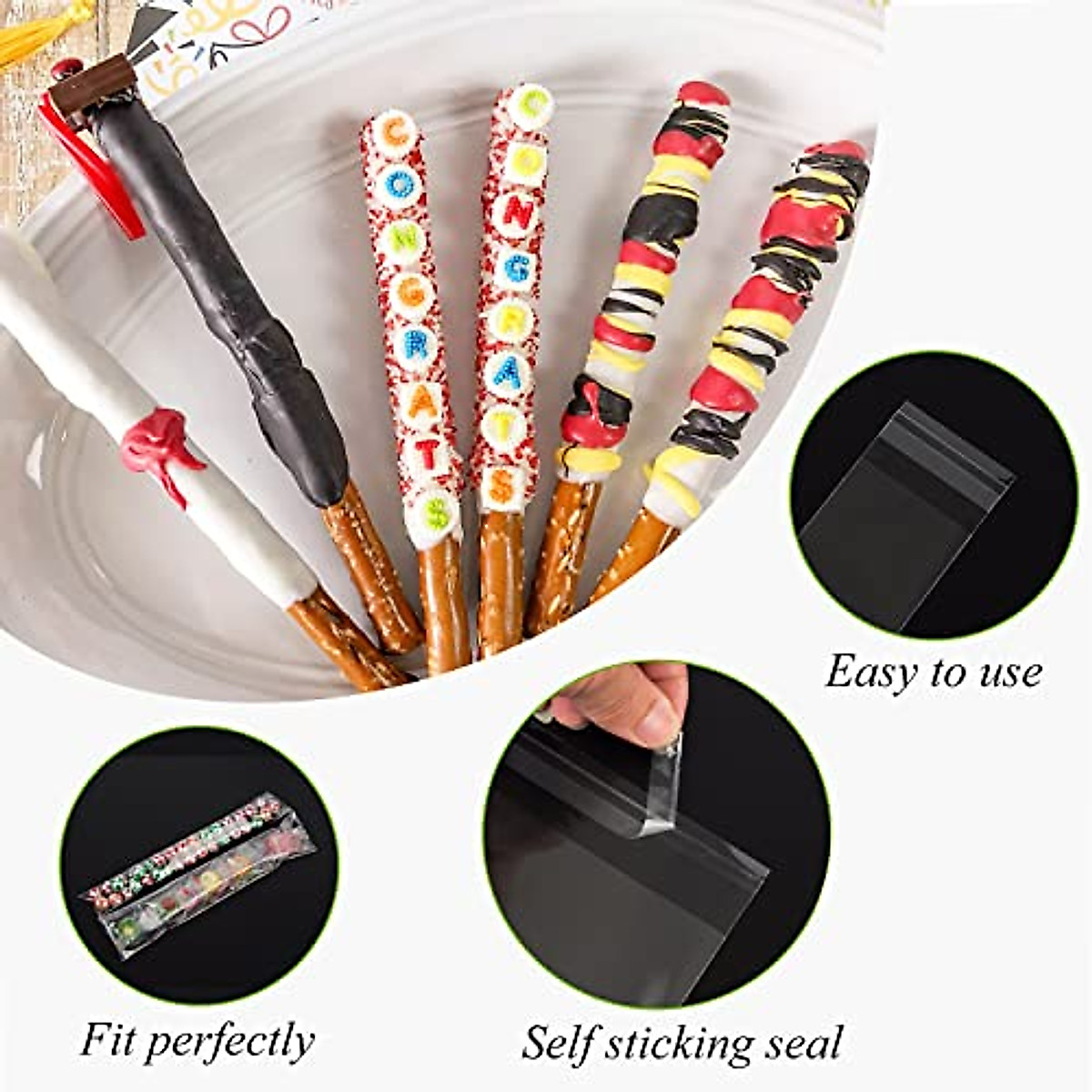 Easter Candy Bags, 2x10 Inch Pretzel Rods Bags, Plastic Cellophane Treat Bags for Chocolate Bars, Individual Treat, Brush, Easter Stickers Gift, Self Adhesive Sealing Plastic Cello Bags