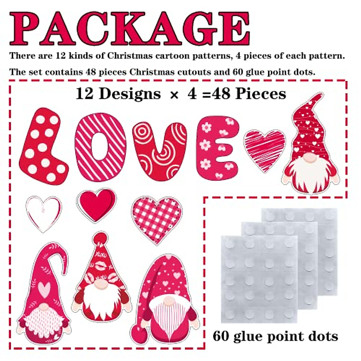 NBjiuyin 48 Pieces Valentine's Day Lovely Gnome Cutouts with Glue Point Dots Cartoon Assorted Lovely Accents Cutouts for Bulletin Board Classroom Decoration Mother's Day Party Supplies (Valentine)