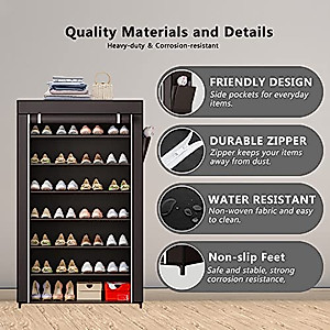 YIZAIJIA Shoe Rack 7 Tier Portable Metal Storage Organizer Dust Cover Non Woven with Side Pocket Shoe Shelf Cabinet for Entryway Bedroom Closet, Coffee