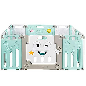 HONEY JOY Baby Play Yards, 14 Panel Foldable Baby Playpen, Anti-Slip Base & Lockable Safety Gate, Indoor Large Baby Fence Play Area for Babies and Toddlers (Green, 14 Panel)