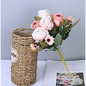 HENJADE Artificial Flower European-Style 5-Head Curling Rose Bouquet Wedding Decoration Home Simulation Rose Fake Flower (Pink)