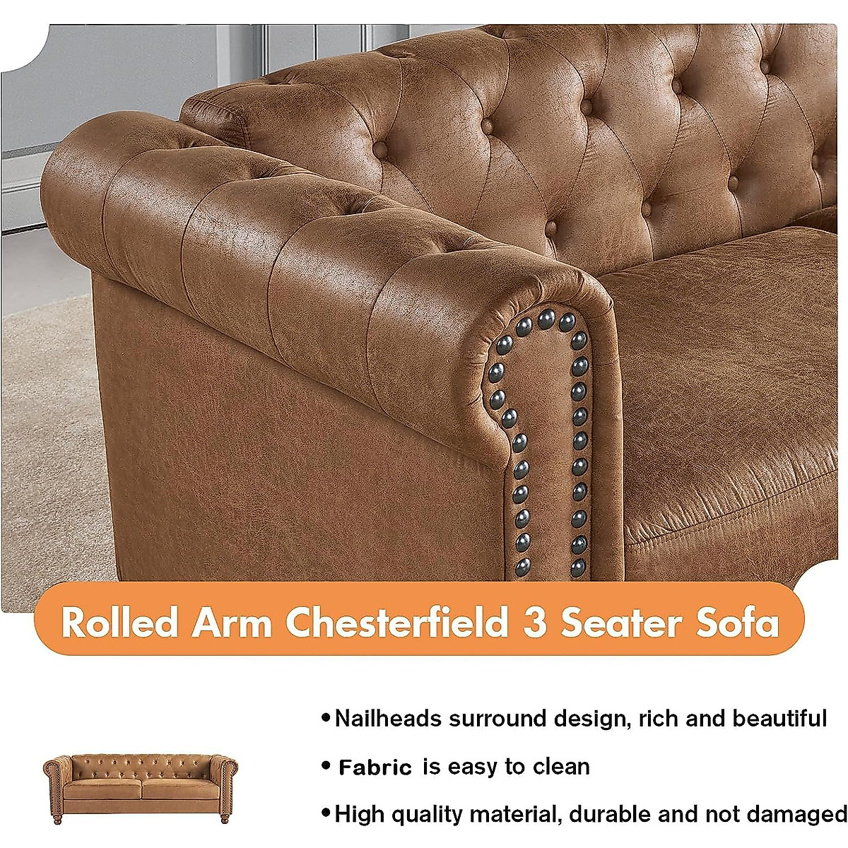 LAVHOME Upholstered Chesterfield Button Tufted Nailhead Modern Pu Leather 3 Seater Sofa Classic Rolled Arm Lrarge Couch for Living Room Bedroon Brown